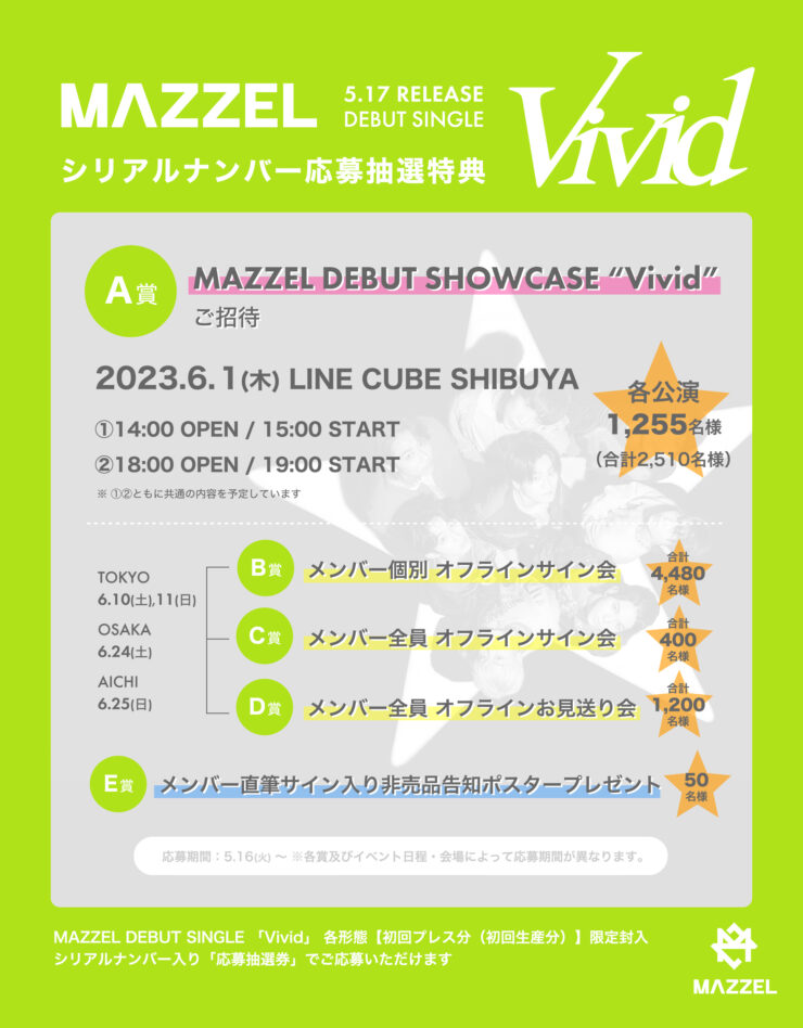 DEBUT SINGLE 「Vivid」 初回プレス分（初回生産分）封入“シリアルナンバー入り「応募抽選券」”特典決定！ | MAZZEL